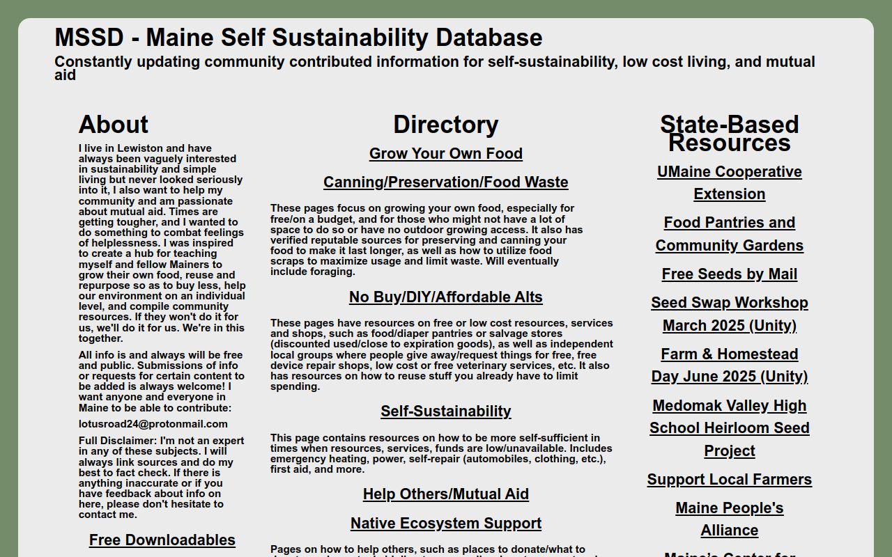 MSSD - Maine Self Sustainability Database